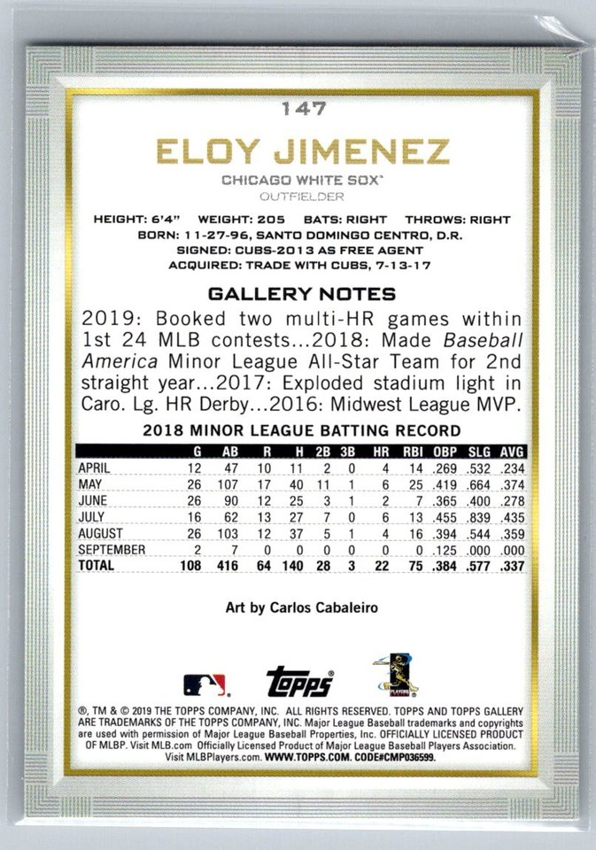 2019 Topps Gallery Rookie RC #147 Eloy Jimenez Chicago White Sox ...