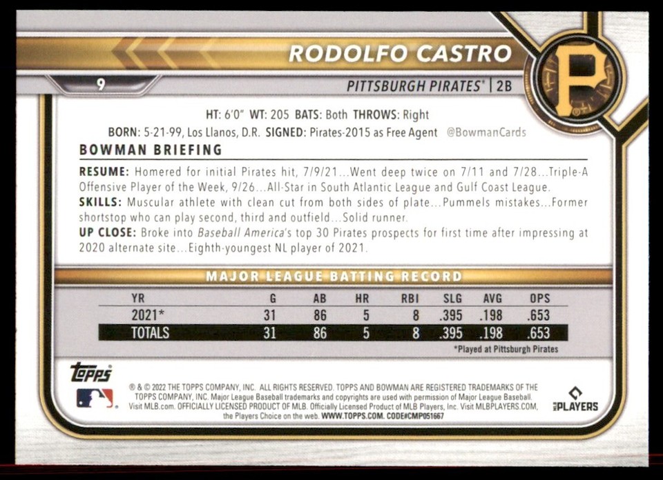 Rodolfo Castro 2022 Bowman Rookie 1st Card RC #9 Pittsburgh Pirates | eBay