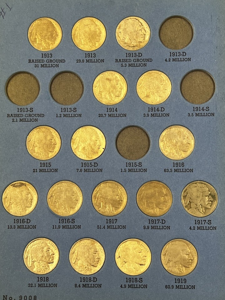1913-1938 Buffalo Nickel Set Nearly Complete 58 Coins Whitman 9008 some ...