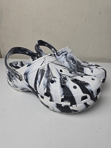 CROCS Iconic Comfort Clogs Womens 11 Black & White Marble Strap ...