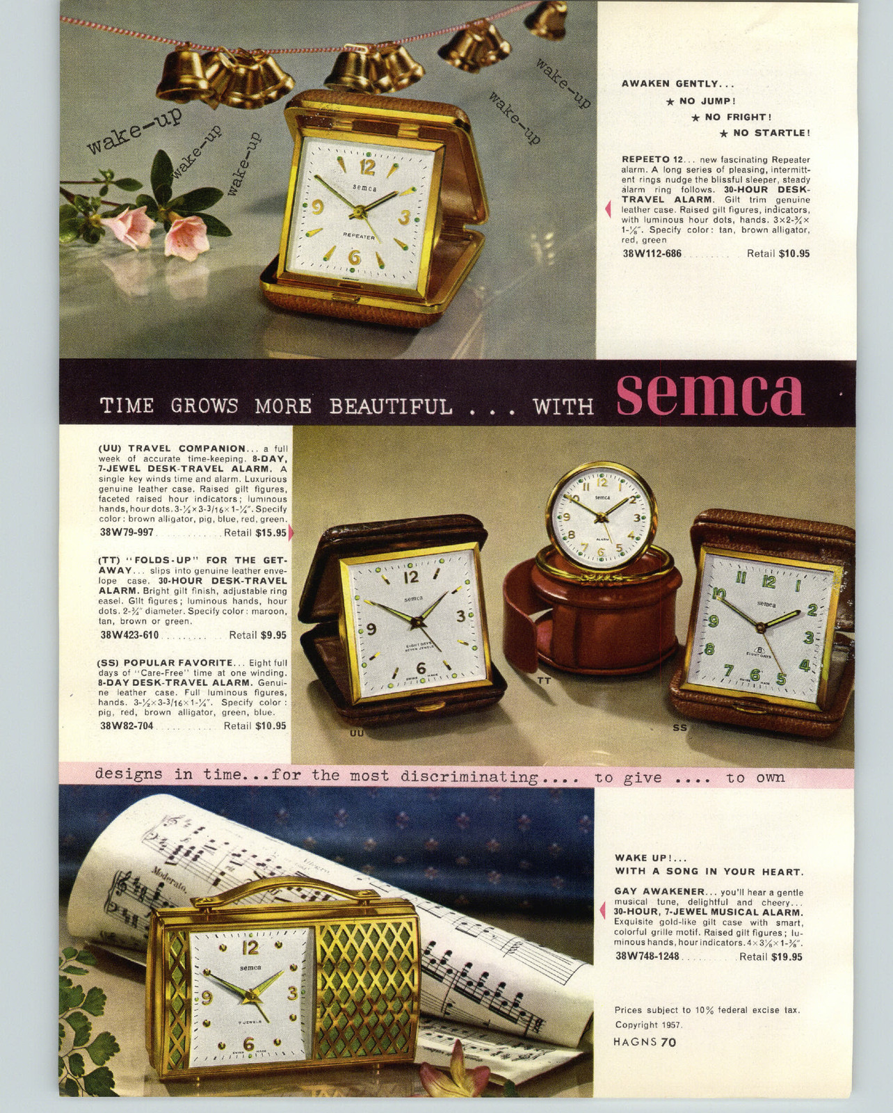 1958 PAPER AD 2 Sided Semca Travel Alarm Clock Boudoir Calendar Desk ...