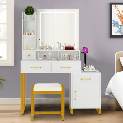 LED Vanity Set With Lighted Mirror Cushioned Stool Dressing Table ...