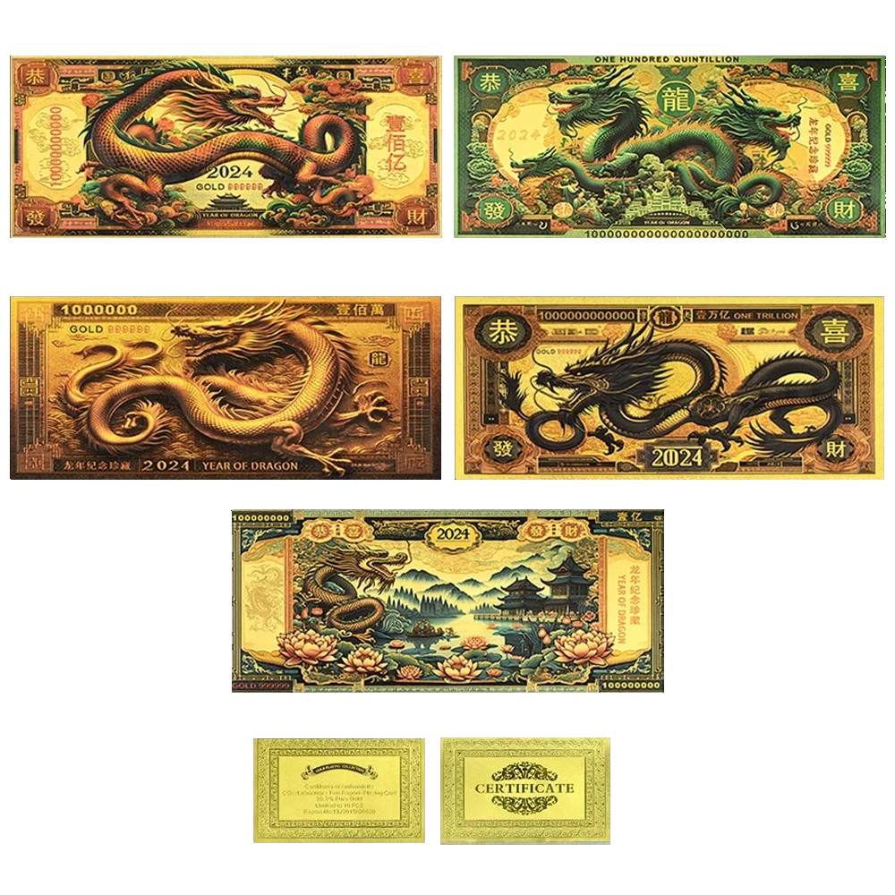 MINT 5pcs/set 2024 Chinese Dragon Year Commemroative Gold Foil Plastic ...