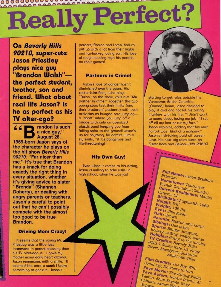 Corky Corin Nemec pinup Jason Priestley Beverly Hills 90210 article ...