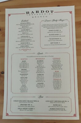 BARDOT Brasserie BRUNCH Restaurant Menu LAS VEGAS ARIA HOTEL | eBay
