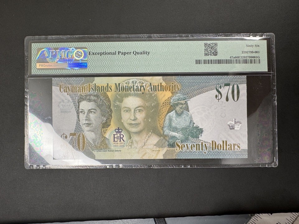 PMG 66 EPQ Cayman Islands 70 Dollars Note 2022 UNC Queen Elizabeth VERY ...
