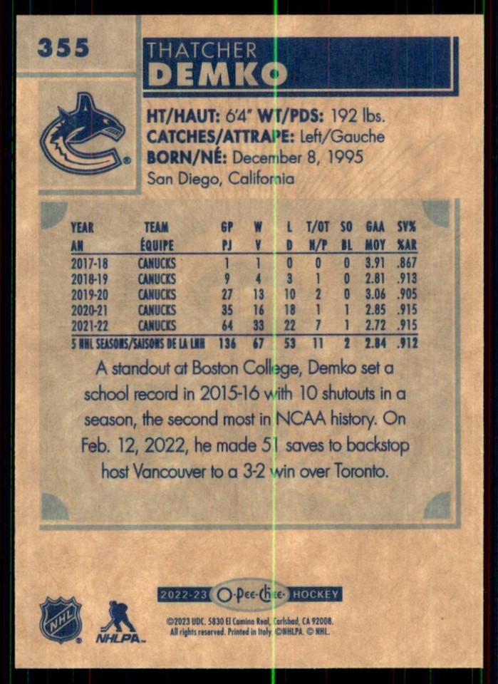 2022-23 UD O-Pee-Chee OPC Retro #355 Thatcher Demko - Vancouver Canucks ...