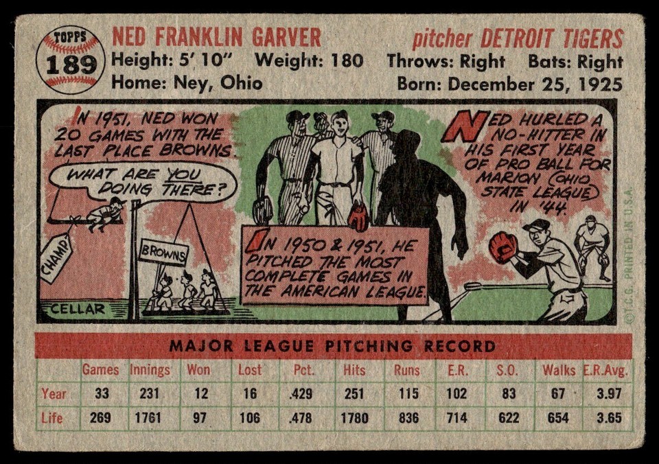 1956 Topps Baseball Card Ned Garver Detroit Tigers #189 VG-EX | eBay