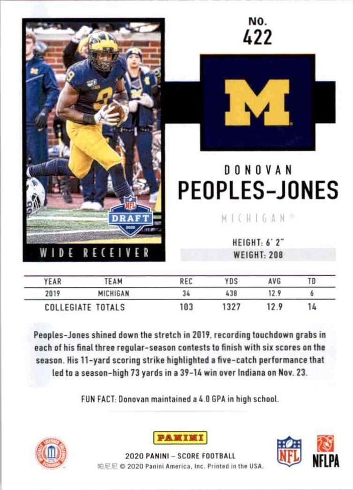 2020 Score #422 Donovan Peoples-Jones Michigan Wolverines Football Card ...