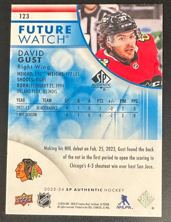 2023-24 SP Authentic DAVID GUST Future Watch Blue/ 399 (Chicago ...