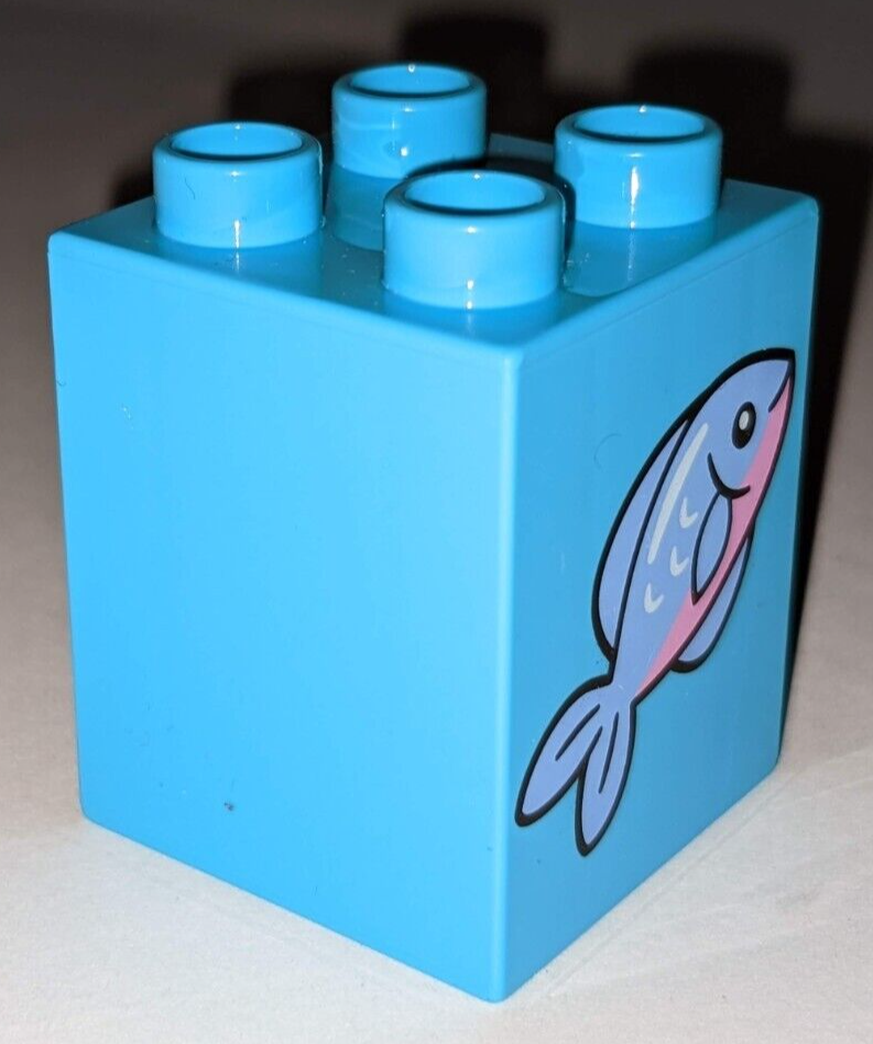 Lego Duplo 2x2x2 Azure Blue Brick With Smiling Fish Pattern Piece Part ...
