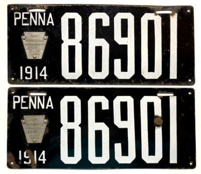 PAIR 1914 Pennsylvania Passenger License Plates 86901 Porcelain ...