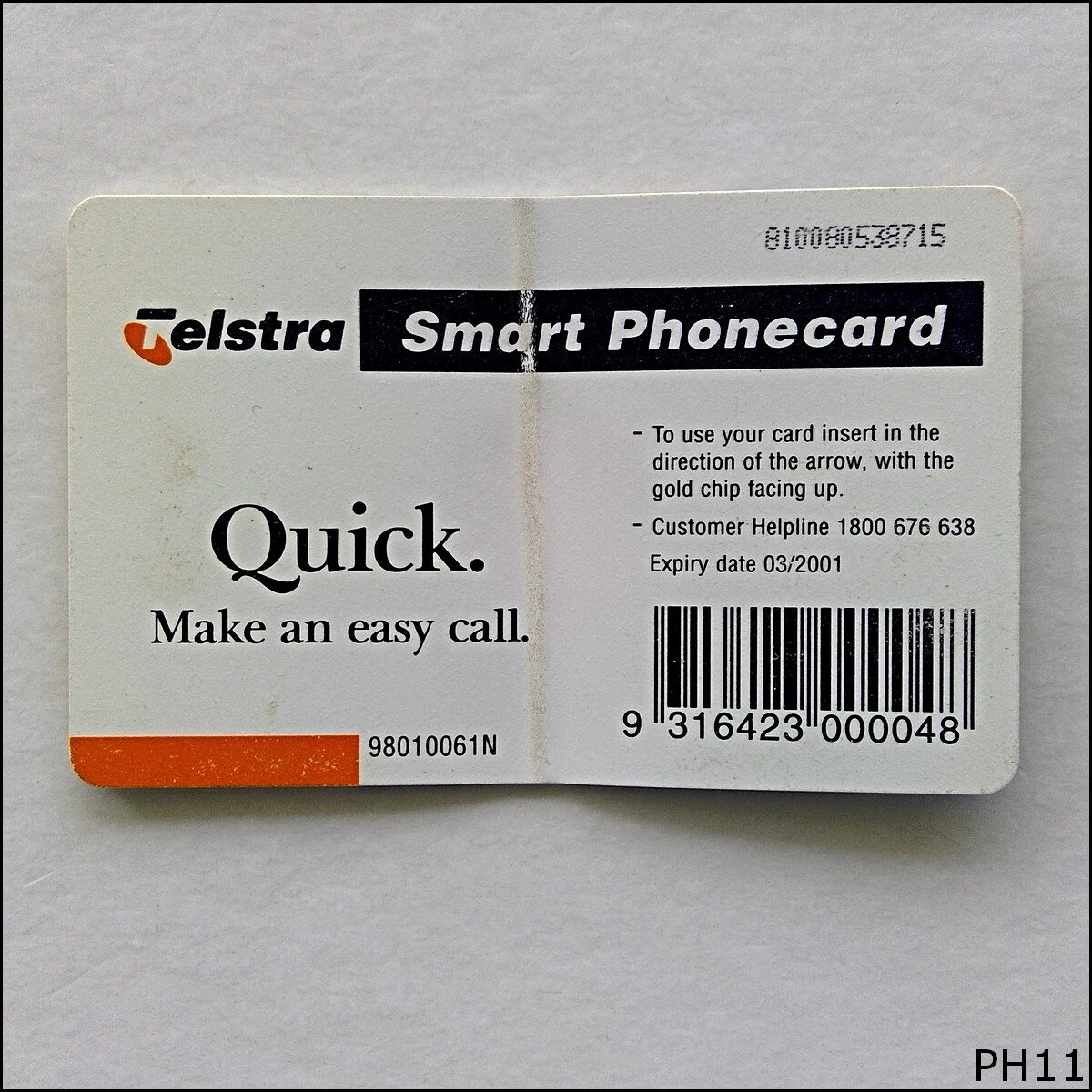 Telstra Quick Make an Easy Call 98010061N $10 Smartcard Phonecard (PH11 ...