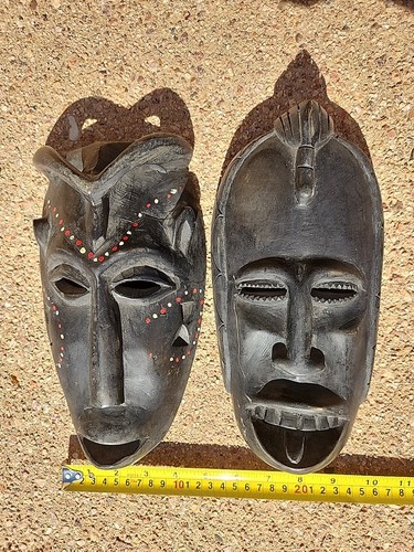 2 Big East African Carved Wood Art Festival Dance Face Masks 21" Ebony ...