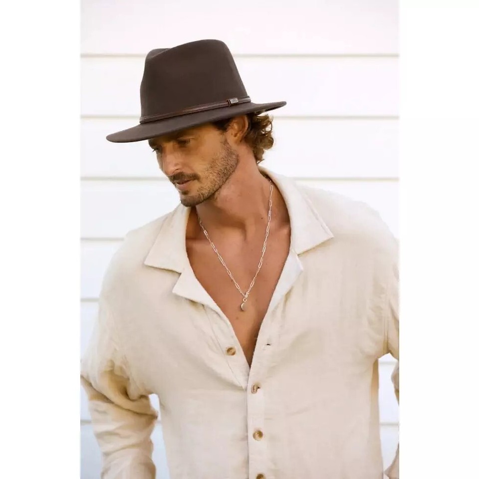 Australian Wool Hat Taupe Waterproof Outback Flat Brim with Leather ...