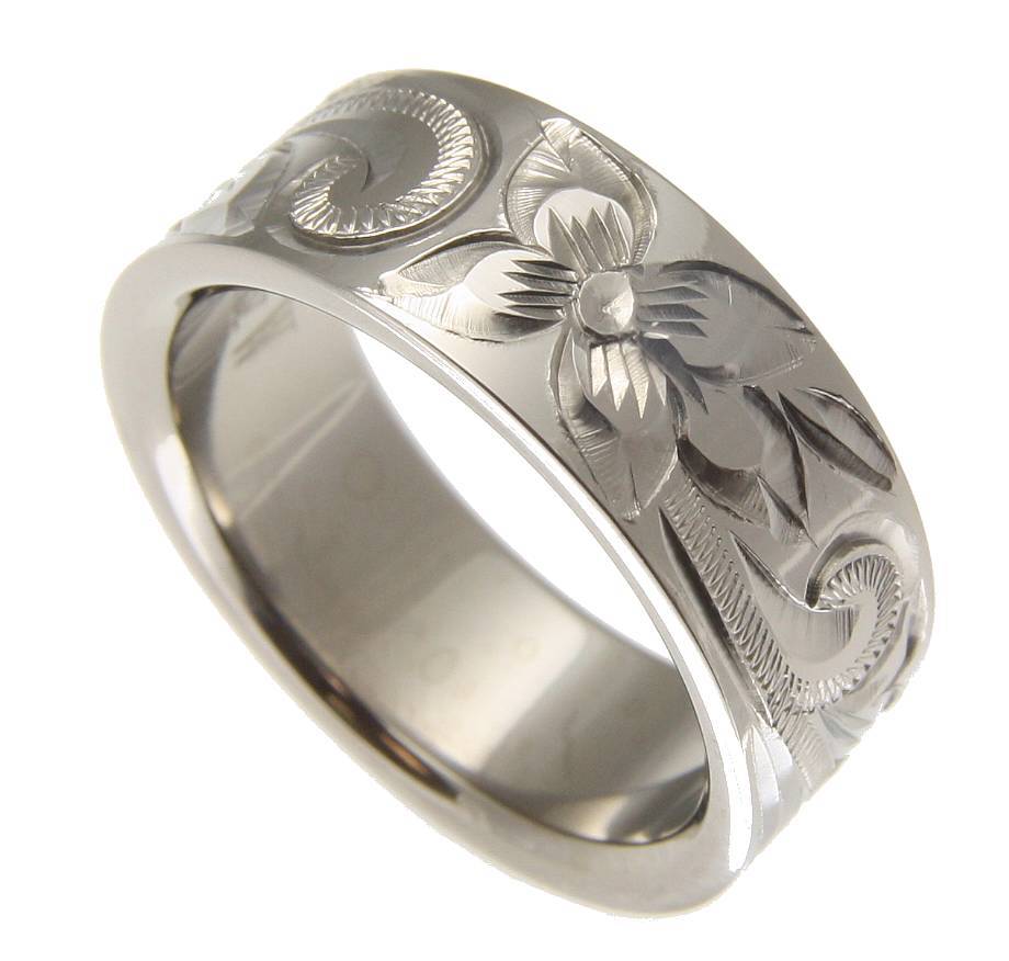TITANIUM HAND ENGRAVED HAWAIIAN PLUMERIA SCROLL BAND RING 8MM | eBay