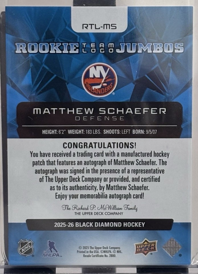 2025-26 UD Black Diamond Matthew Schaefer Rookie Team Logo Jumbos Auto ...