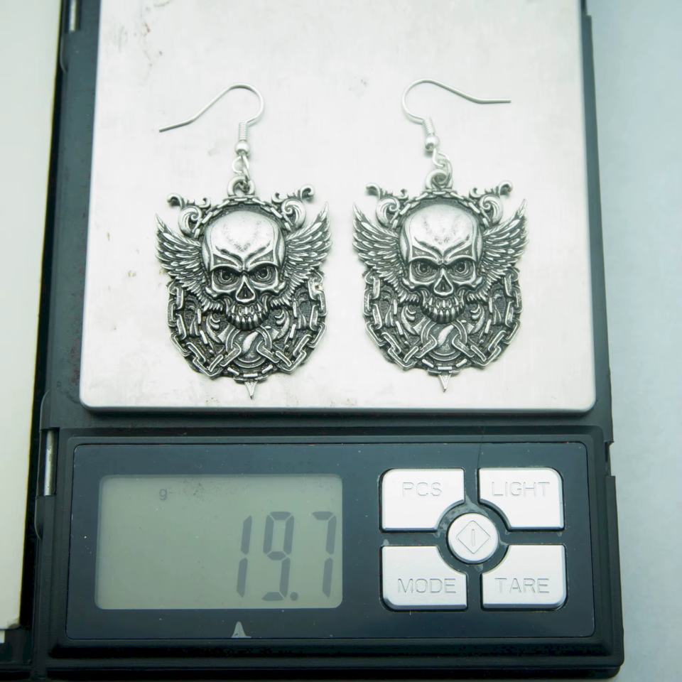 Wings Winged Skull Dangle Earrings Silver Finish Biker Goth Chains Punk ...