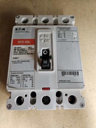 Eaton HFD3100BP10 100 Amp 3-Pole 600 VAC 250 VDC Molded Case Circuit ...