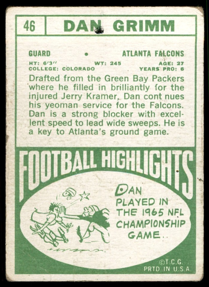 1968 TOPPS {DAMAGED} DAN GRIMM ATLANTA FALCONS #46 | eBay