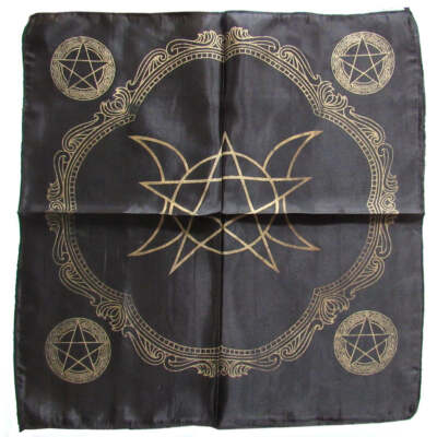 NEW Black Triple Moon with Pentagrams Altar Cloth 21" Square Satin Gold ...
