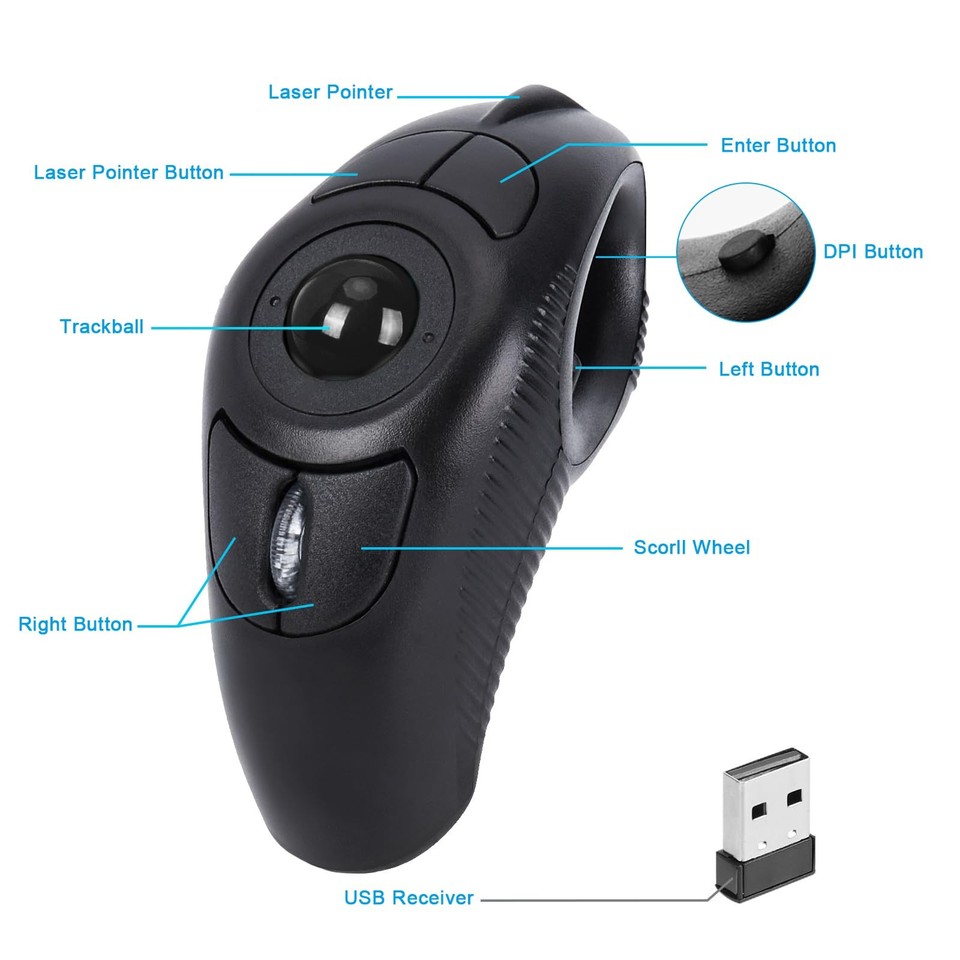 Wireless USB Handheld Finger Trackball Mouse Black Laser Pointer ...