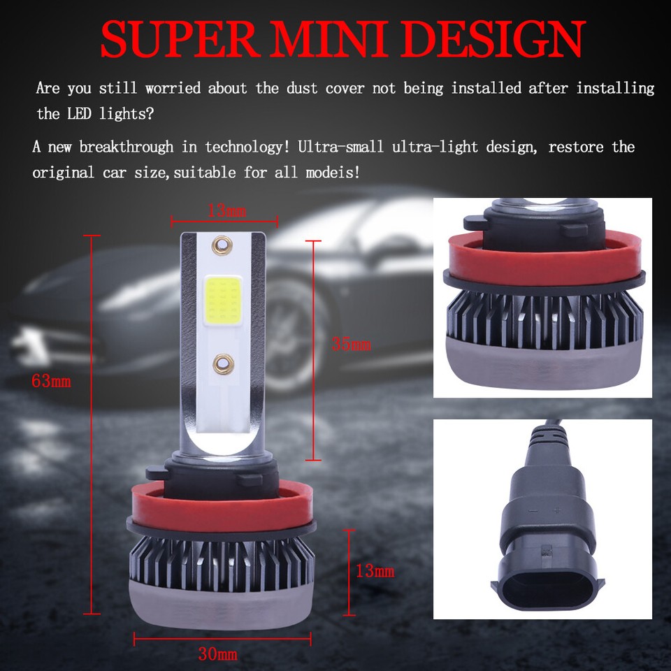 2X H11 Mini Ultra-light 120W 26000LM 6000K COB LED Headlight Low Beam ...
