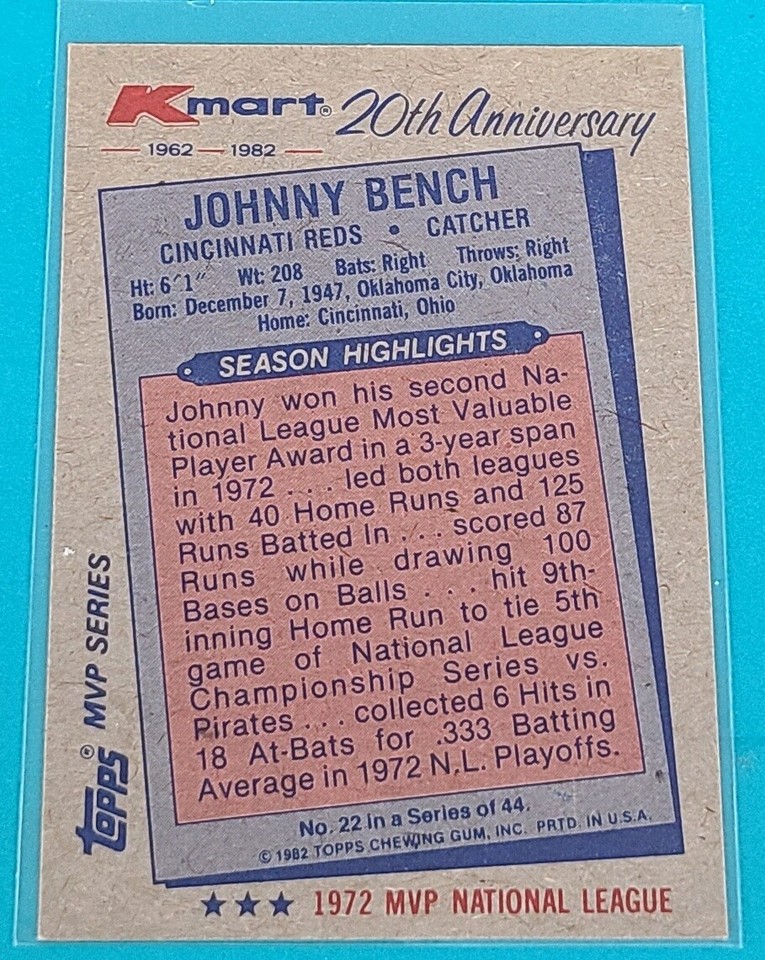 1982 Topps Kmart 20th Anniversary #22 Johnny Bench Cin Reds Baseball ...