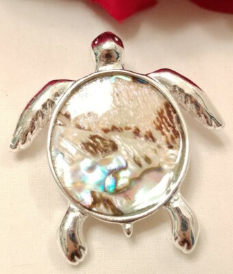 Pendant silver tone sea turtle desert tortoise Abalone shell inlay body ...