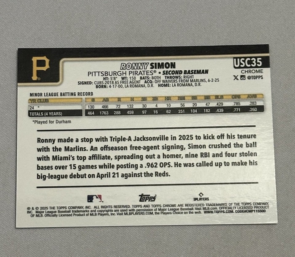 2025 Topps Chrome Sepia Refractor Rookie Ronny Simon RC Pirates #USC 35 ...