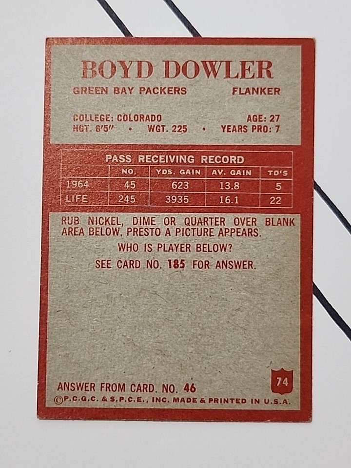 1965 Philadelphia Football #74-Dowler Green Bay Packers | eBay