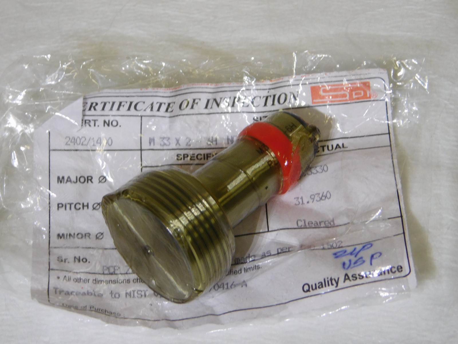 SPI Metric Taperlock Thread Plug Gage Single End M33x2 Thread No Go 34 ...