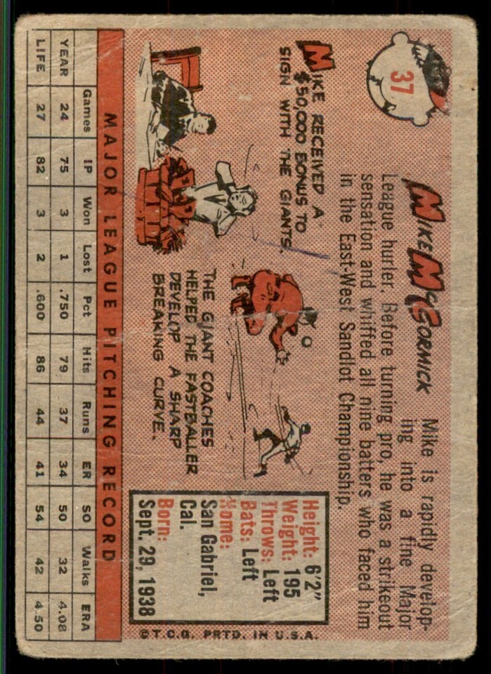 1958 Topps CREASED/CREASES #37 Mike McCormick San Francisco Giants | eBay