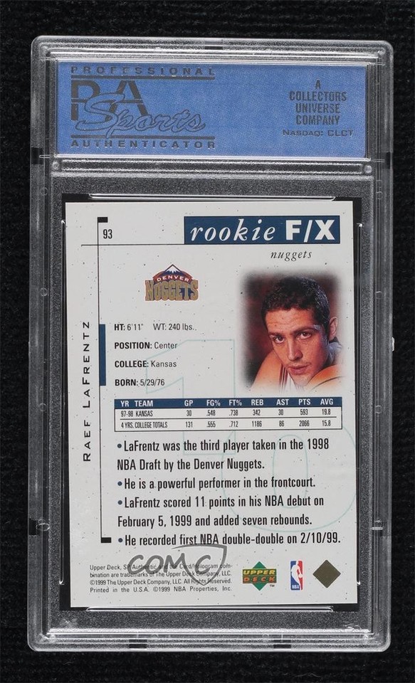 1998-99 SP Authentic Rookie F/X /3500 Raef LaFrentz #93 PSA 8 Rookie RC ...