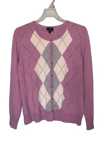 Talbots Petites Sz L Pink Argyle Button-Front 100% Pure Merino Wool ...