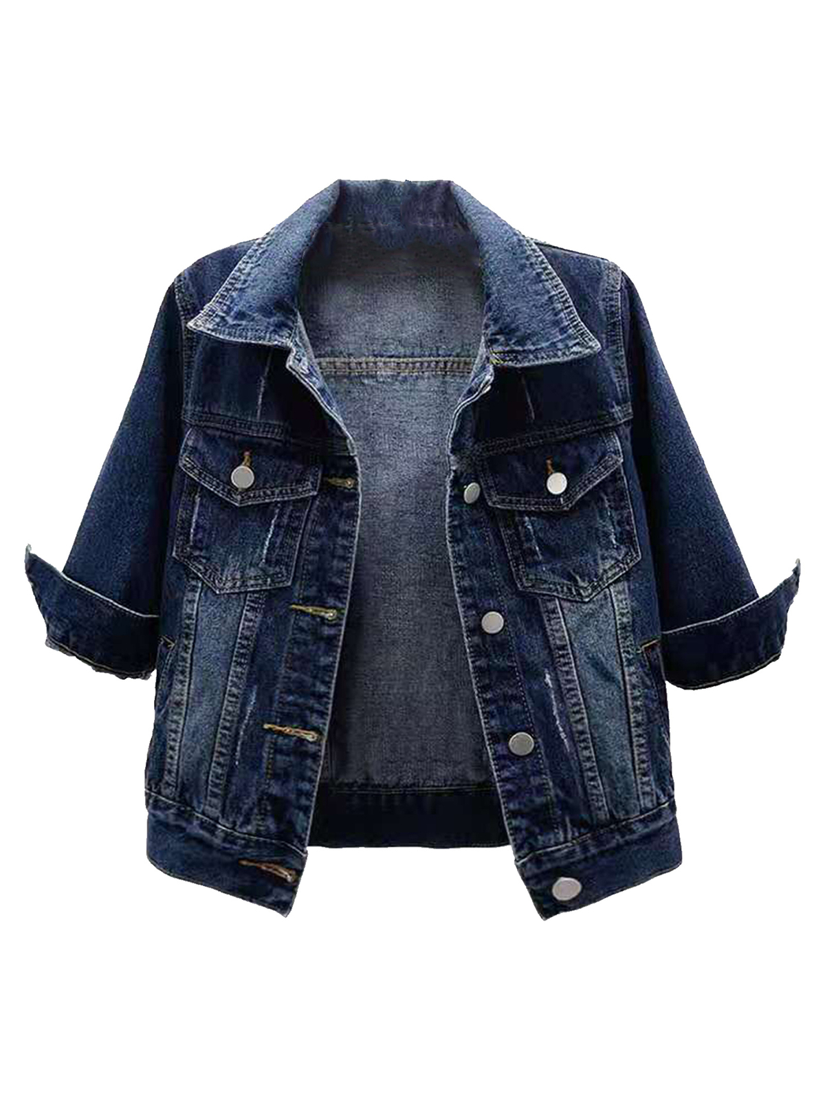 Women's Casual Denim Jacket Button Down 3/4 Long Sleeve Jean Jacket ...