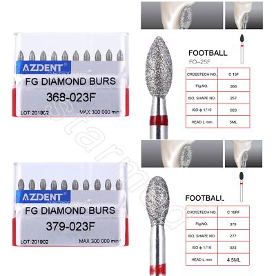 AZDENT Dental Diamond Burs Football Fine RED FG Burs #368-023F & 379 ...