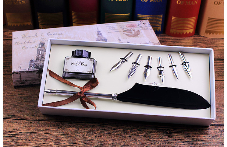 Quill Pen Set with Black Feather Antique Luxury Quill Pen with Ink Jar ...