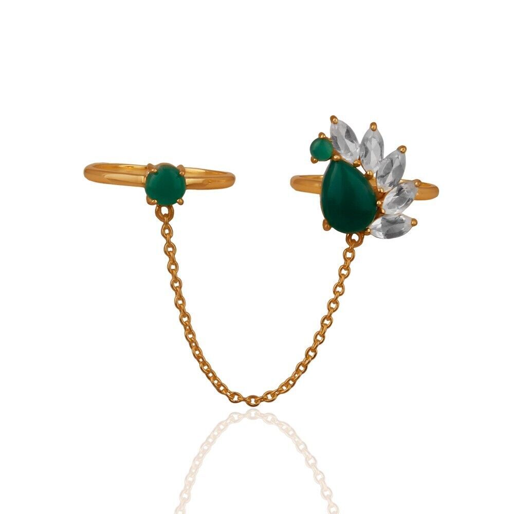 Designer Two Finger Chain Ring Gold Plated With Multi Stone For Wedding ...