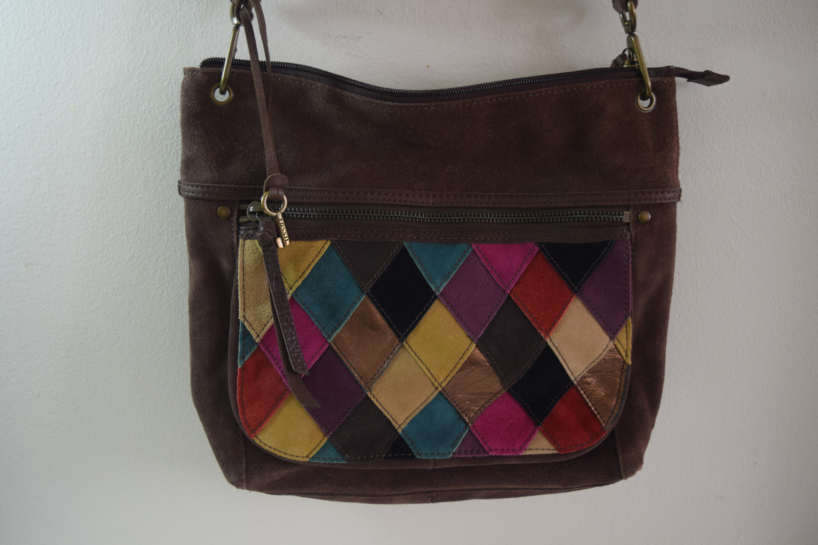 Fossil Womens Brown Messenger Cross body Bag Patchwork Leather Suede ...