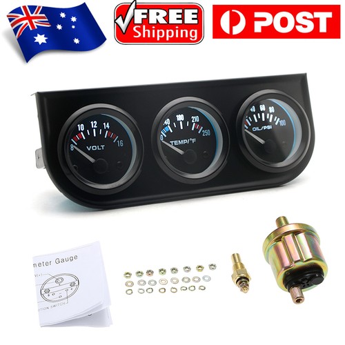 2'' 52mm Chrome Car Triple Gauge Set Kit Volt Meter Water Temp Oil ...