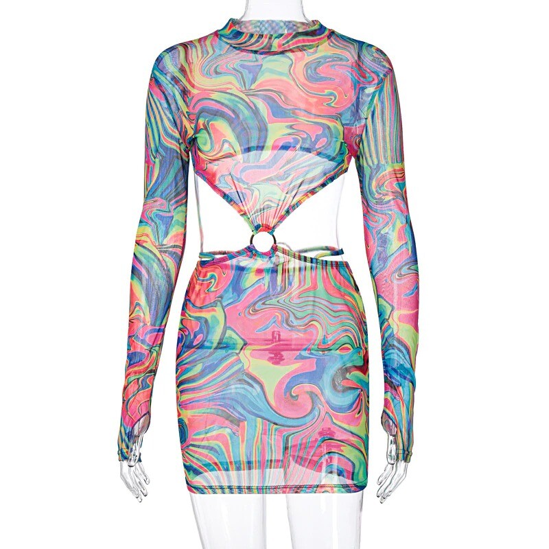 Sexy Rainbow Sheer Mini Dress Summer Backless Long Sleeve Hollow Out ...