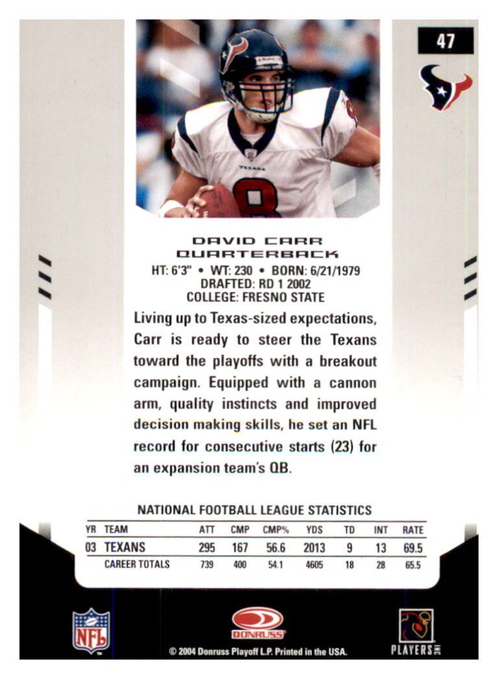 2004 Certified David Carr NFL Base Card PWE Set Break Foil Texans #47 ...