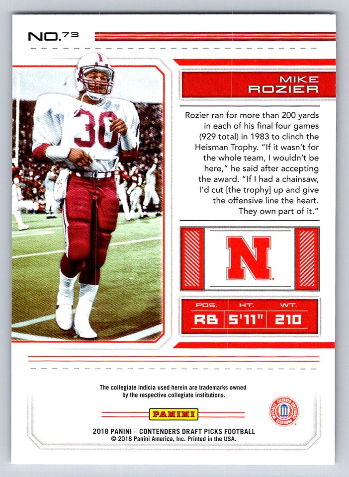 # 73 Mike Rozier Nebraska Cornhuskers 2018 Panini Contenders Draft ...