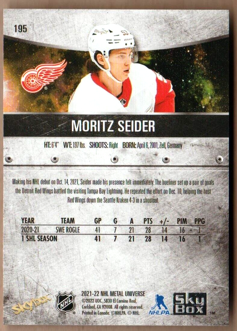 MORITZ SEIDER RC 21-22 METAL UNIVERSE ROOKIE CARD DETROIT # 195 SKYBOX ...