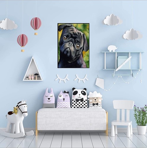 Round Full Drill Diamond Painting Set, 5D Black Pug Diamond Painting ...
