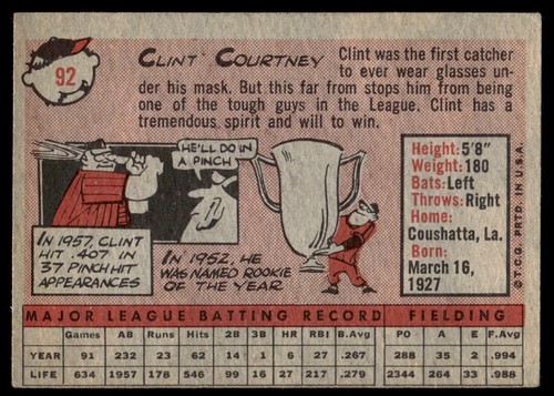1958 Topps #92 Clint Courtney Washington Senators VG-VGEX | eBay
