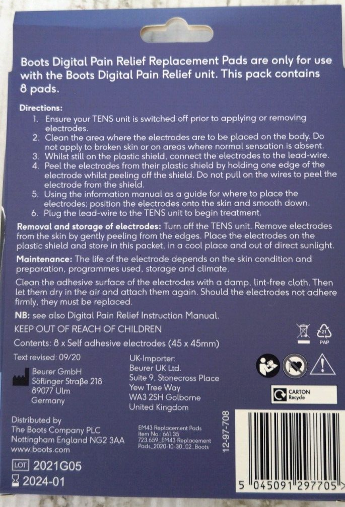 Boots TENS Digital Pain Relief Replacement Pads by beurer- 8 Pads DATED ...
