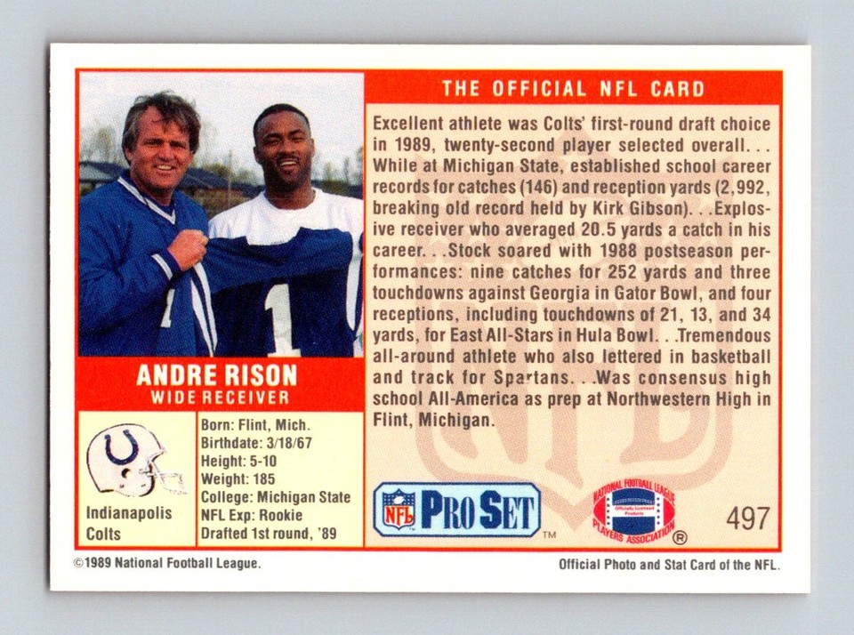 1989 Pro Set Football Card #497 Andre Rison Indianapolis Colts Rookie ...