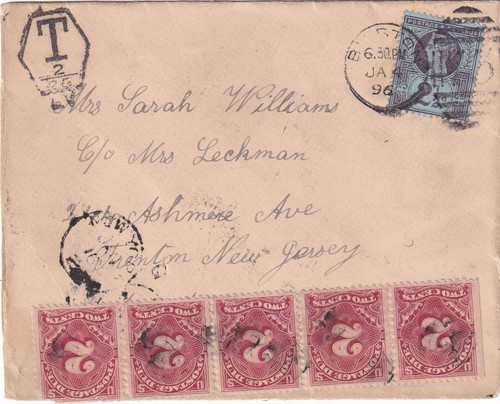 1896 USA 5* 2c POSTAGE DUE TRENTON N.J. Short paid cover from GB BOSTON ...